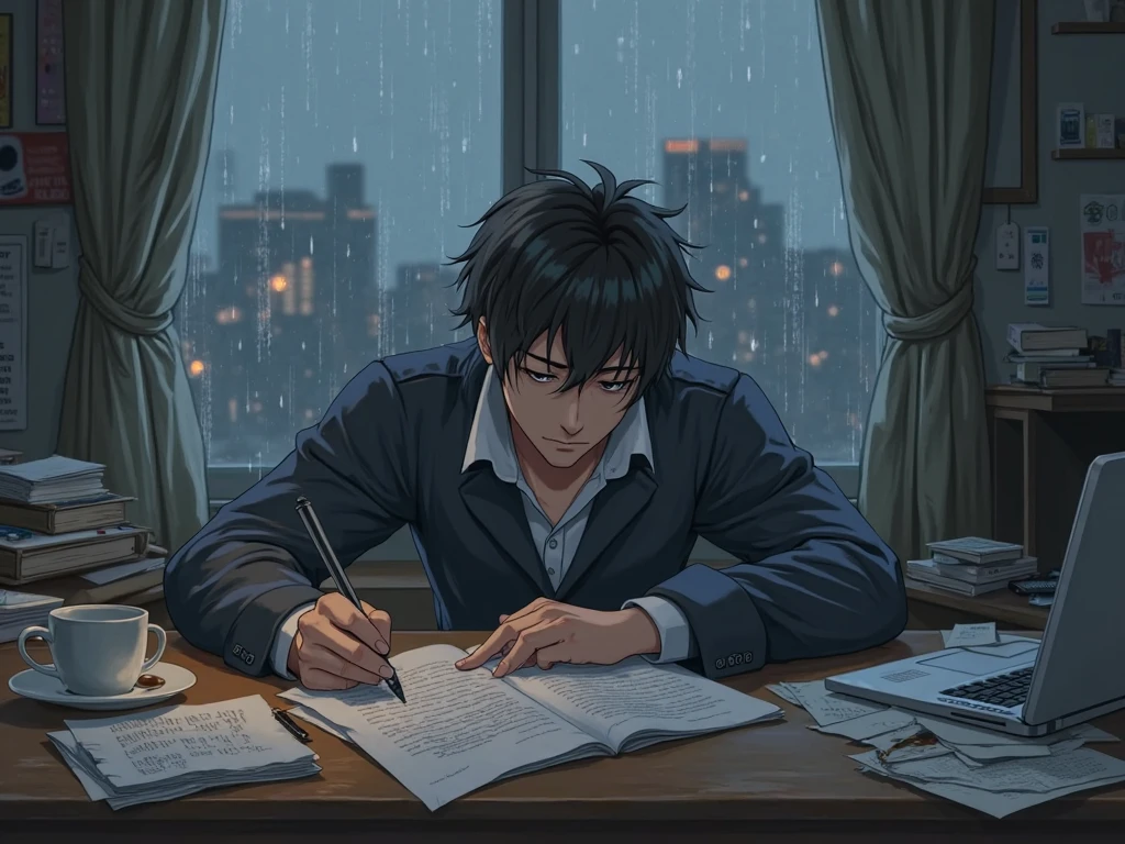 Create a photo of your tired anime male friend writing articles and ...