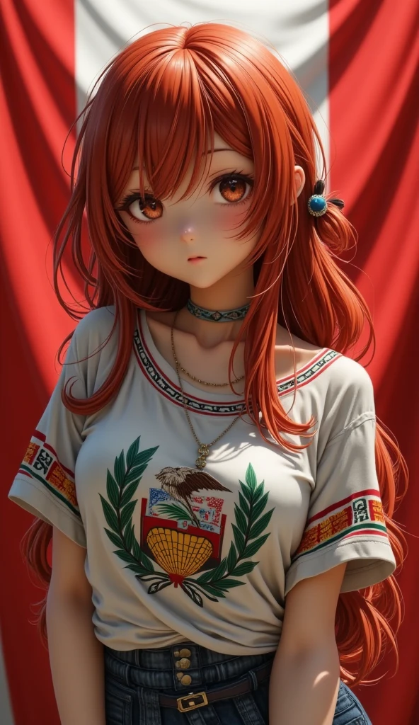 Anime photo girl with long red hair, brown eyes, , with the Peruvian t ...