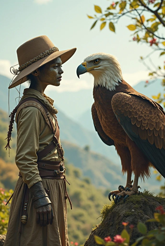 A husbick in a hat is standing with a png tame eagle - SeaArt AI