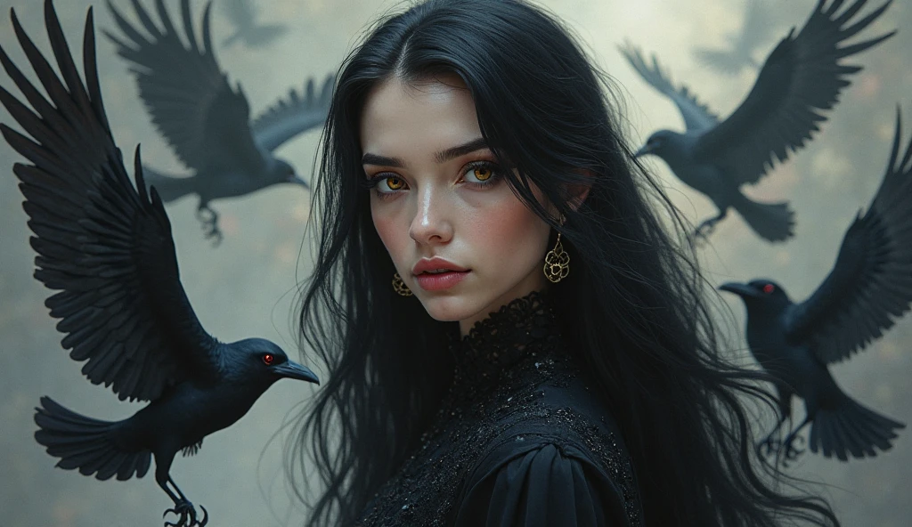 Background raven-birds wings raven-eyes animated girl long black hair ...