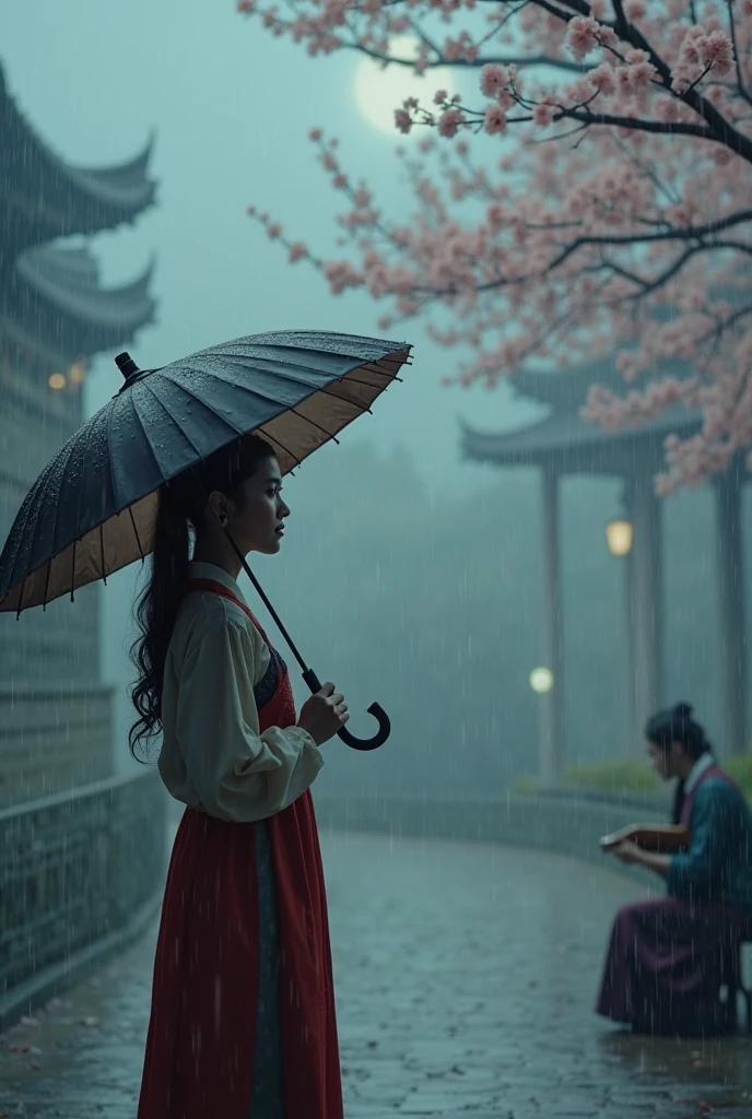 "A melancholic Korean traditional music scene. A woman in hanbok stands ...