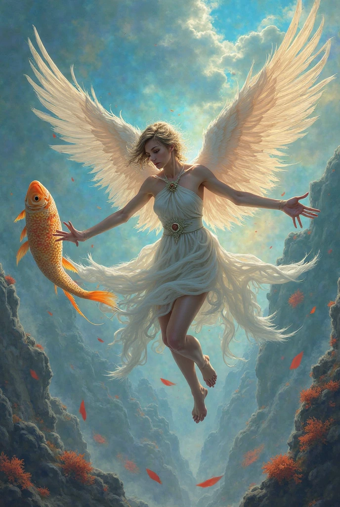 A fish we fly with a human being who has wings and flies - SeaArt AI