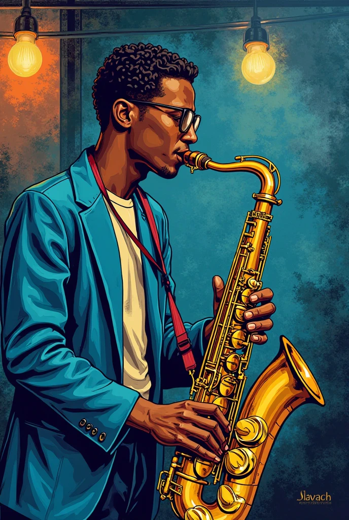A jazz comic book cover, 50's style, a young saxophonist playing ...