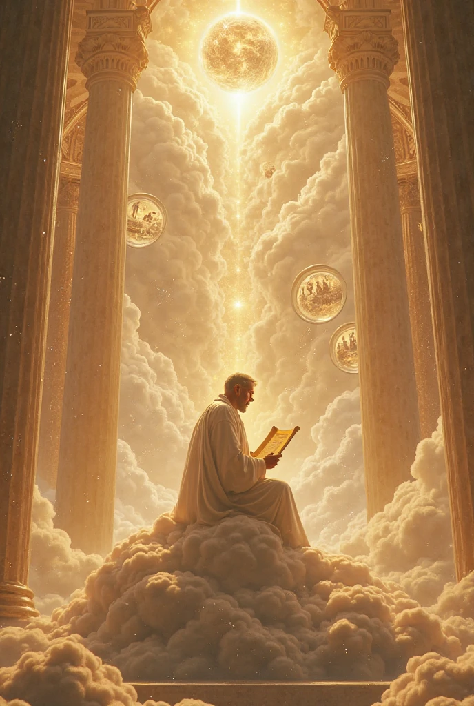 Mystical man in shining white robe writing on an ancient golden scroll ...