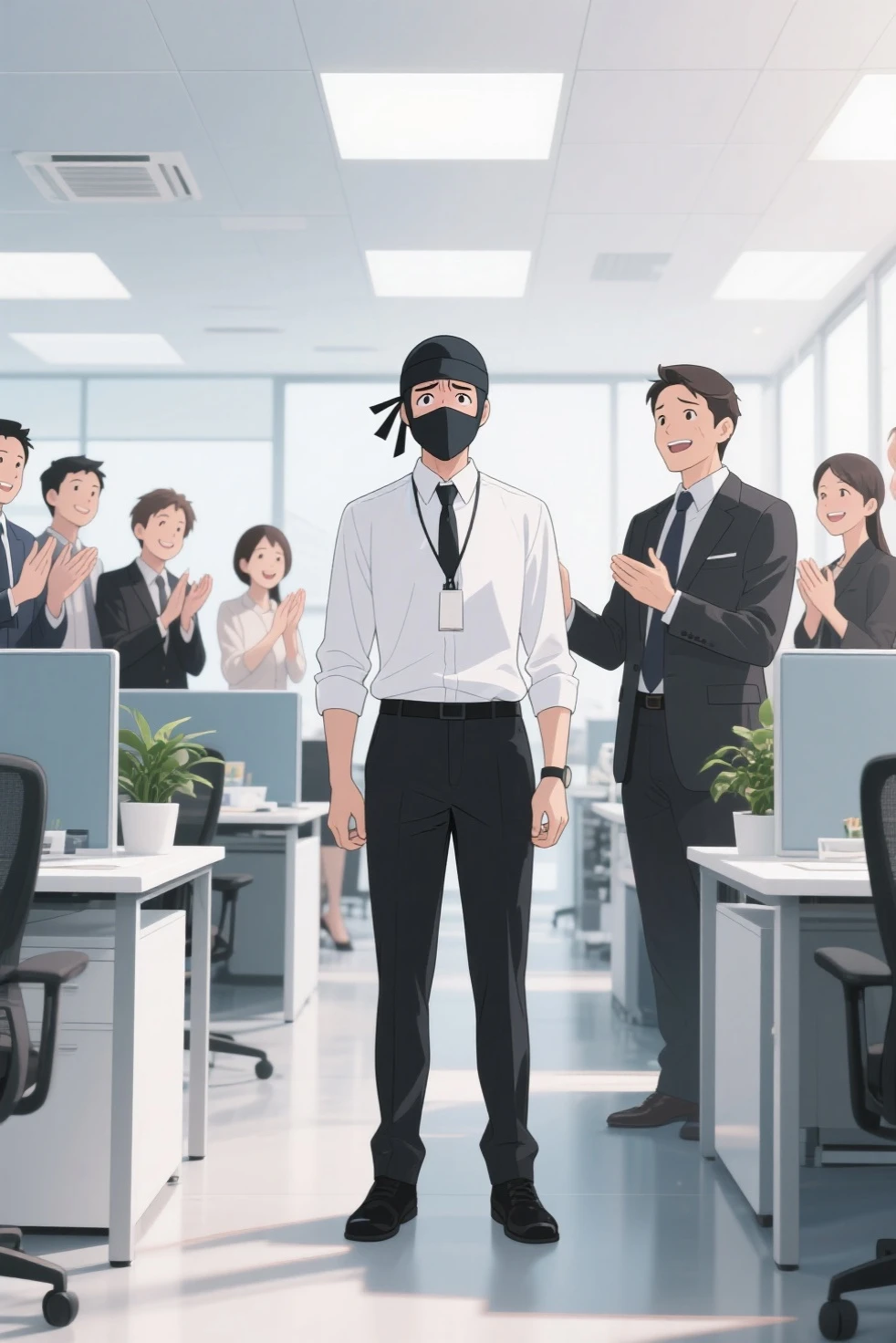 In a modern company office, a nervous new employee stands stiffly in a ...