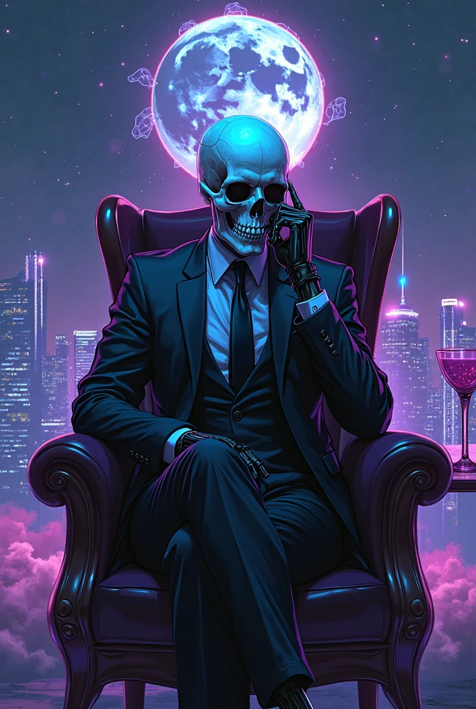 A cinematic anime-style illustration of a tall skeleton man in a glossy ...