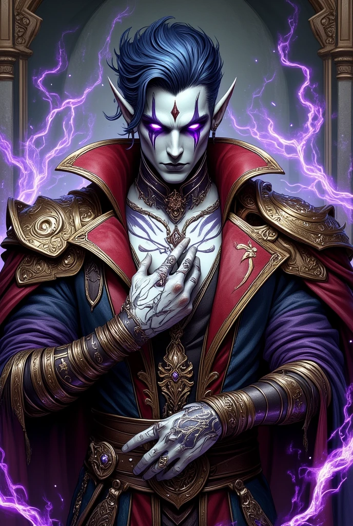A male Khalashtar noble wearing gold, red sorcerer's robes, dark blue ...