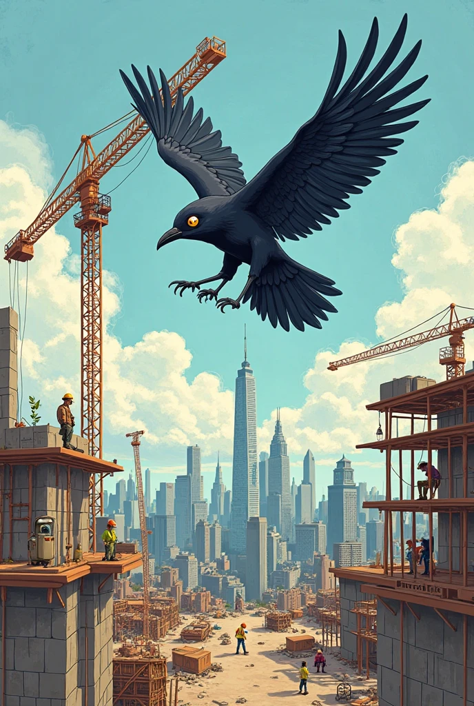 Hand-drawn cartoon picture. A crow is flying over a construction crane ...
