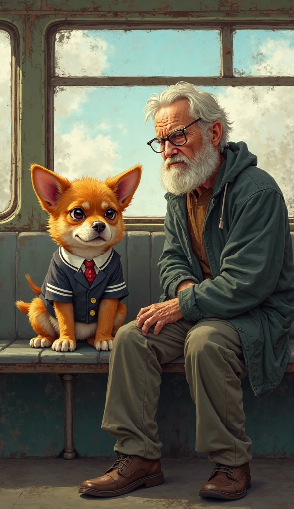 Anjing ( cute, DRESSED unifrom school ) with an angry face sitting far ...