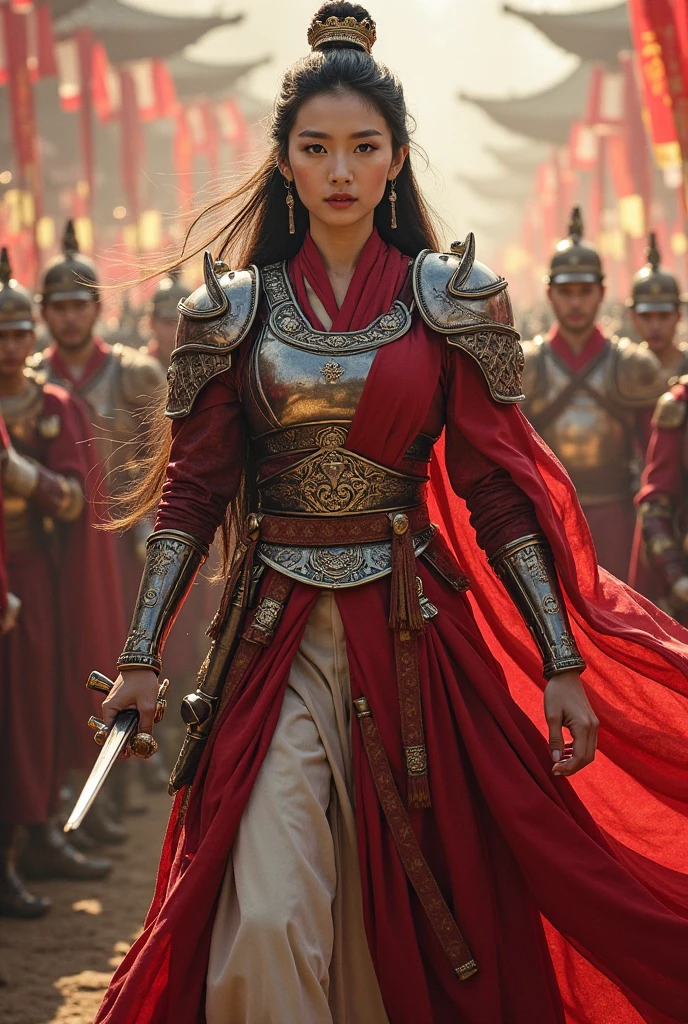 Mulan wears half her armor and half her traditional dress. • She holds ...