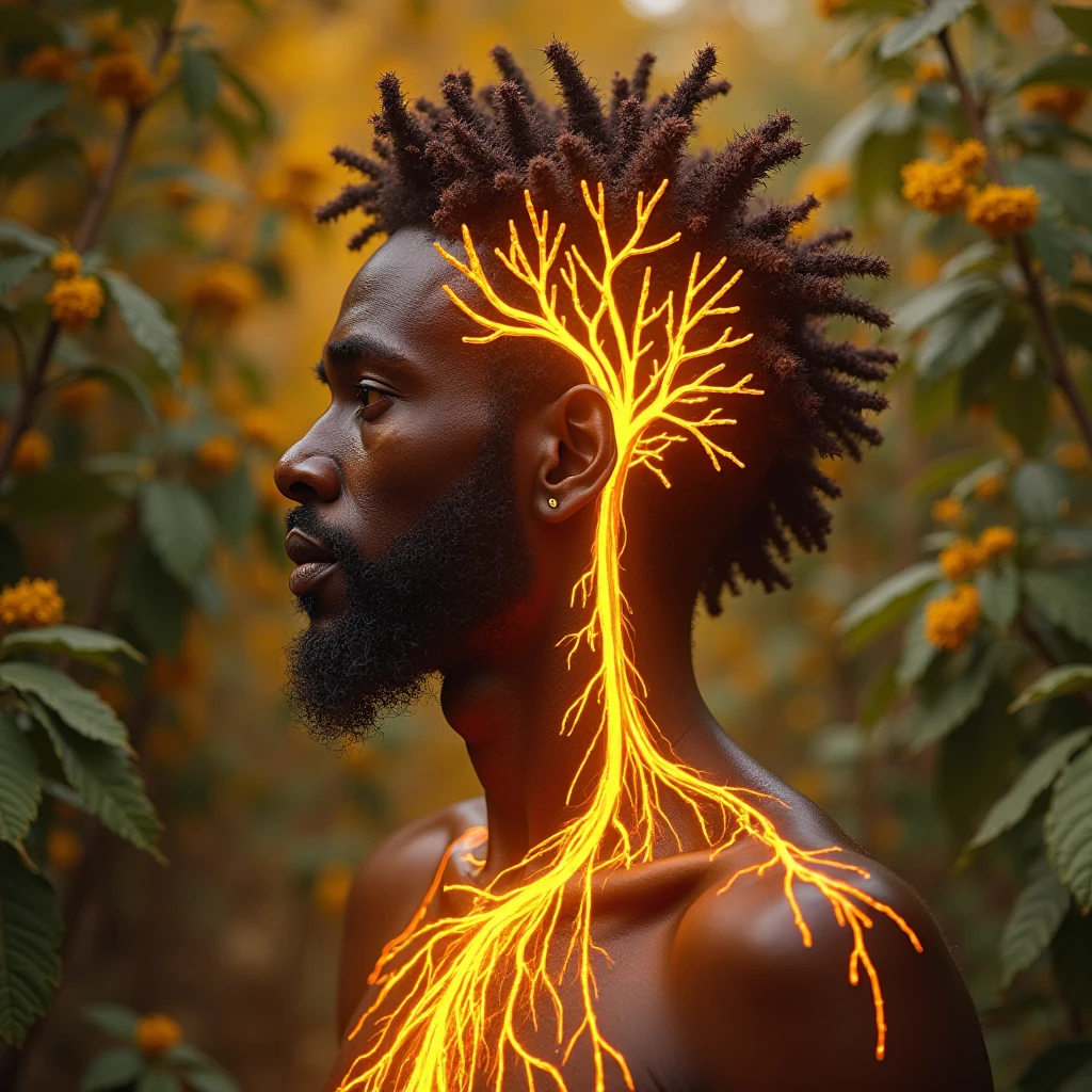 "Artistic visualization of mustard oil acting on an Afro man - SeaArt AI