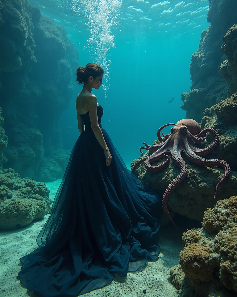 Full-body underwater photo of a woman in a flowing dark gown standing ...