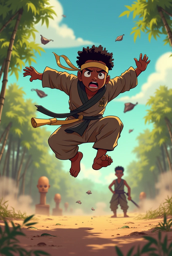 Anime-style scene of a young, west african rookie ninja mid-fall ...