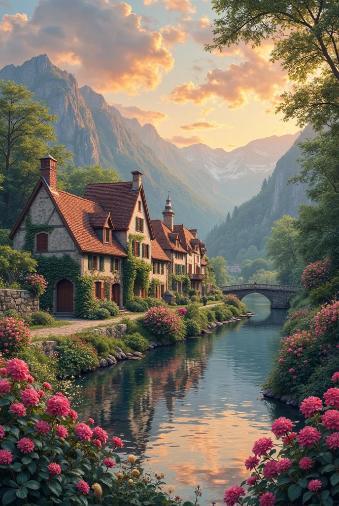 A small village by the river, mountains in the background, fleurs ...