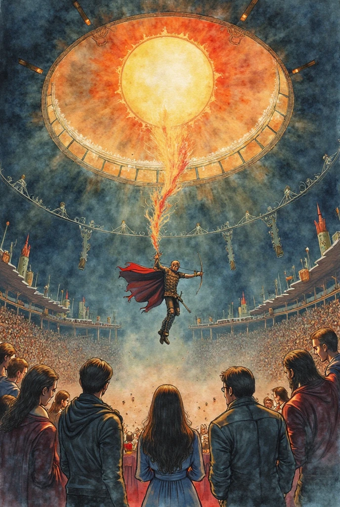 A brutally styled watercolor painting depicting a recreational arena ...