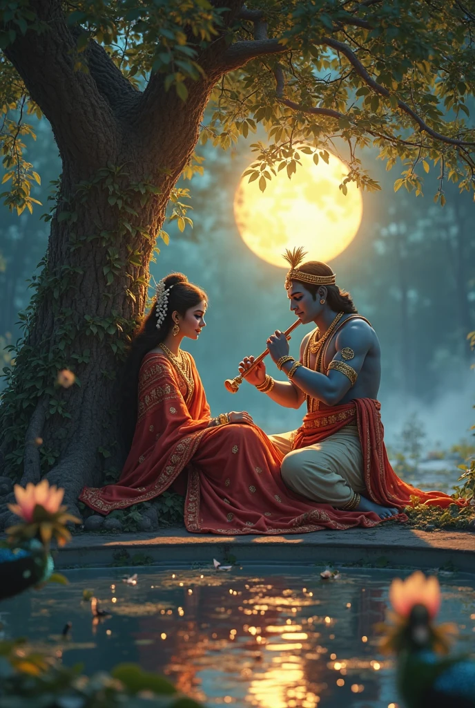 "Radha and Krishna sitting under a glowing moonlit kadamba tree - SeaArt AI