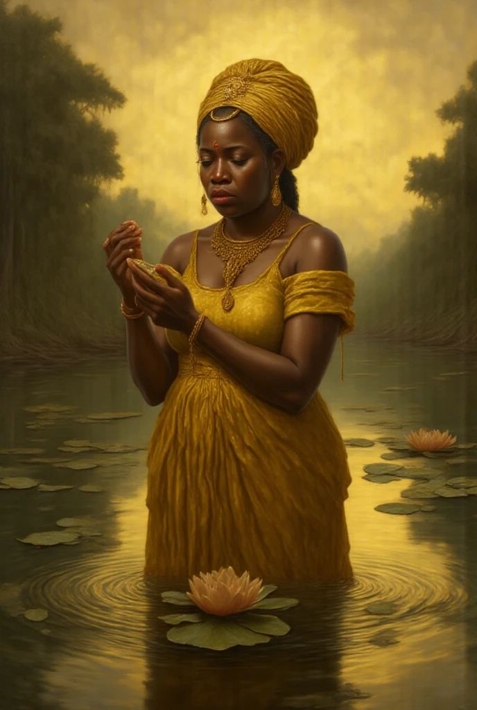 Mystical portrait of Oxum at dusk by the river, golden tears flow ...