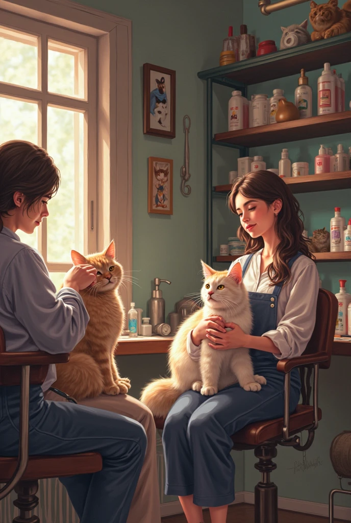 A cat barber shop is open with two women as clients. The scene is ...