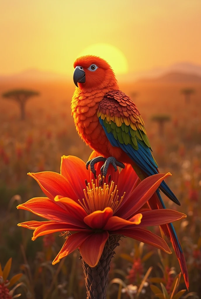 Fire Opal Parrot on Flame Lily – Sunset Wild Bloom A vibrant fire ...