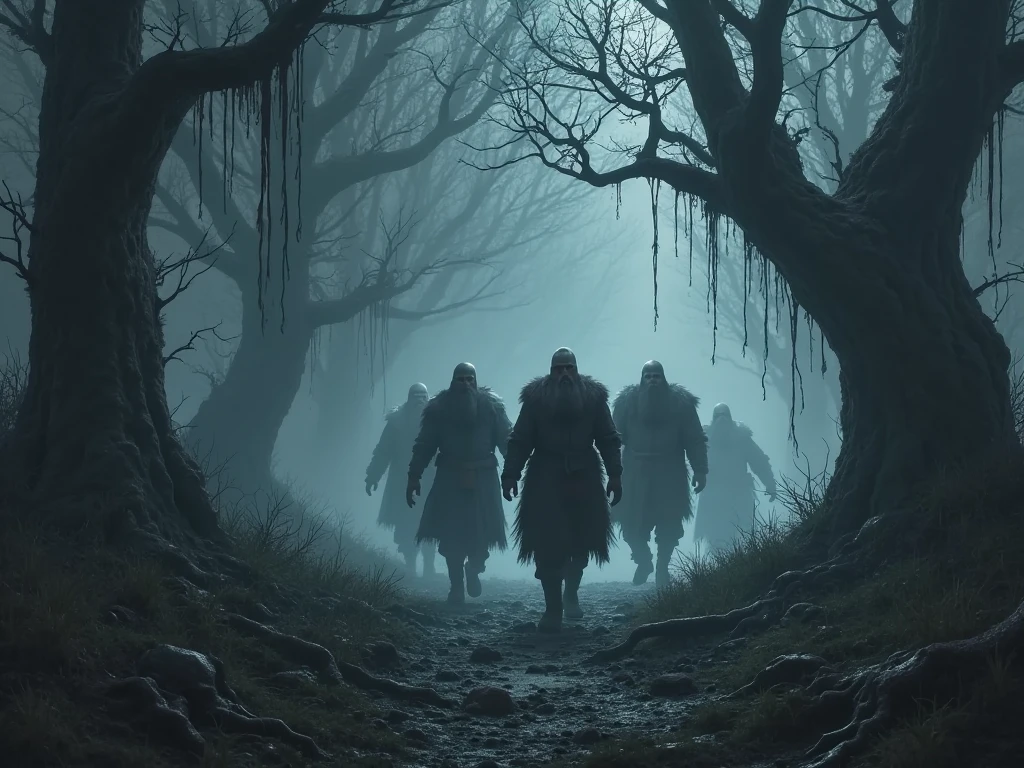Dark forest scene with Vikings fleeing through thick mist. Trees ooze ...