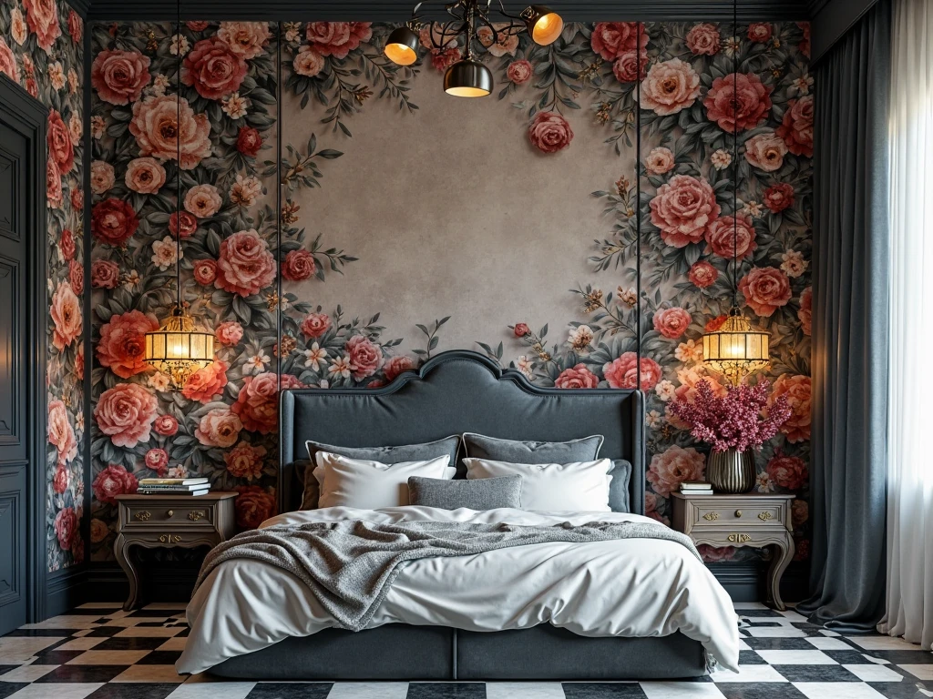 Generate a bedoom wallpaper (anything flowery) inspiration that matches ...