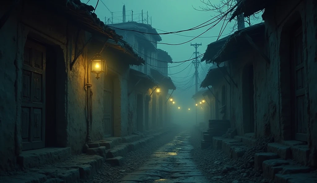 A dark, foggy Indian village alley at night, abandoned third lane ...