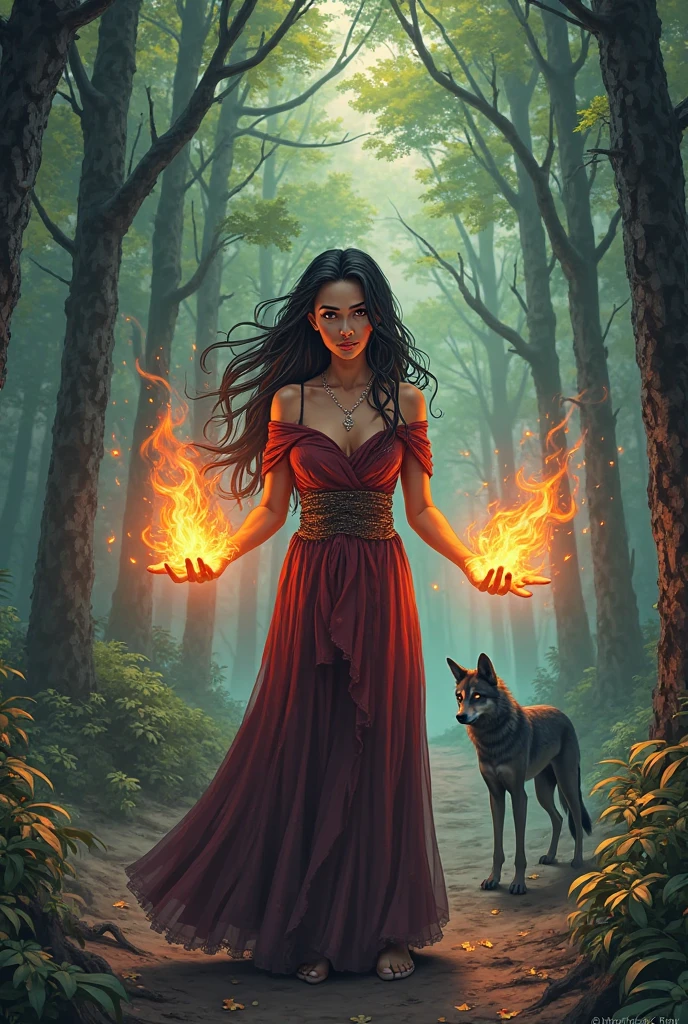 Alone in the forest, she summons fire with her bare hands. A spirit wolf watches - SeaArt AI