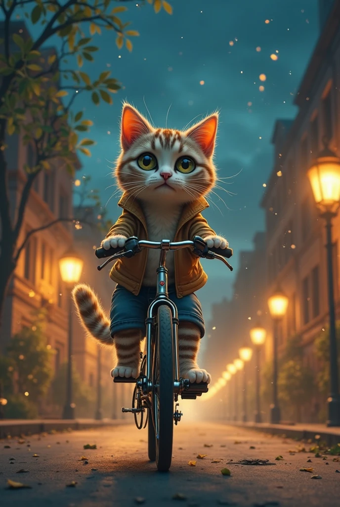 Cat ride on bike at midnight - SeaArt AI