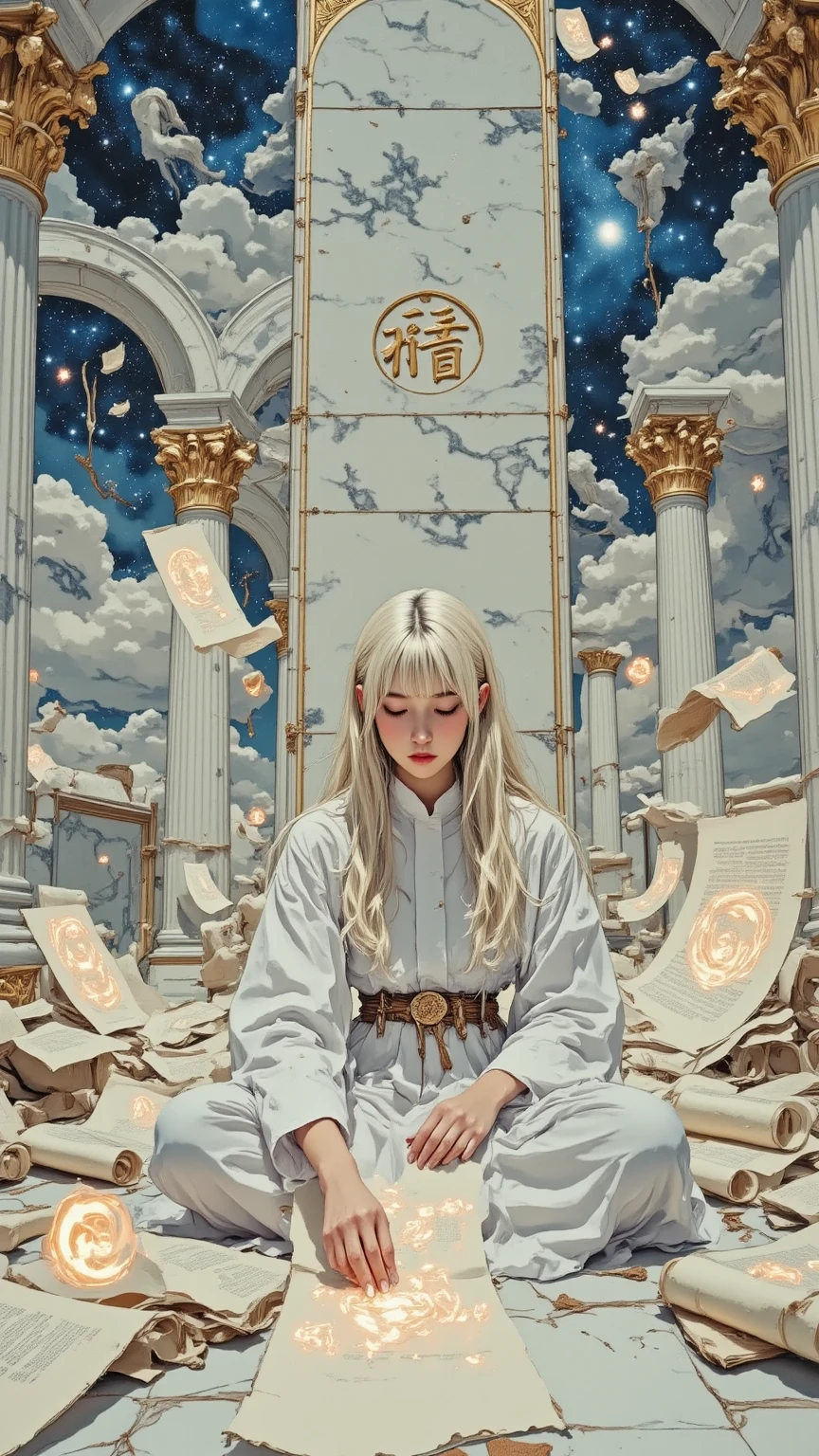 A divine female scribe sitting alone in a vast celestial archive ...