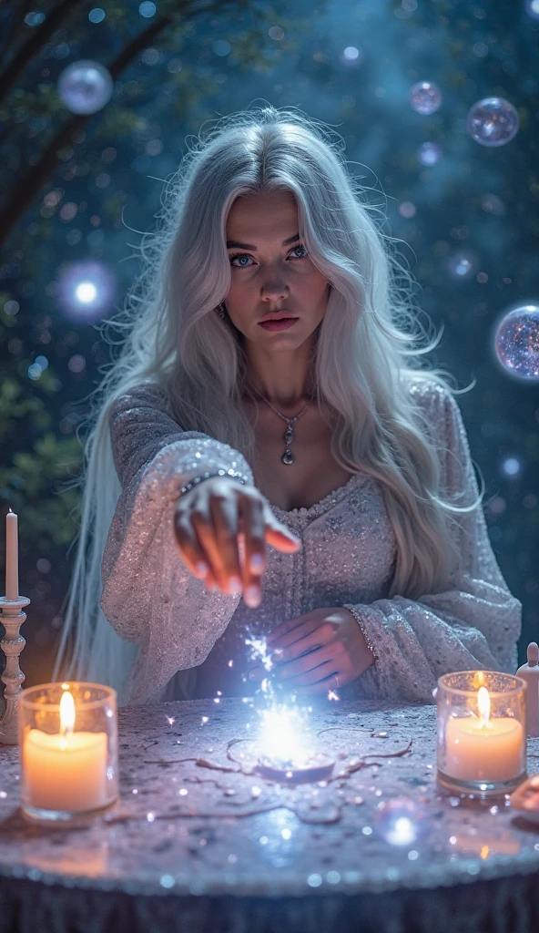 Ethereal psychic woman with flowing silver hair and glowing eyes ...