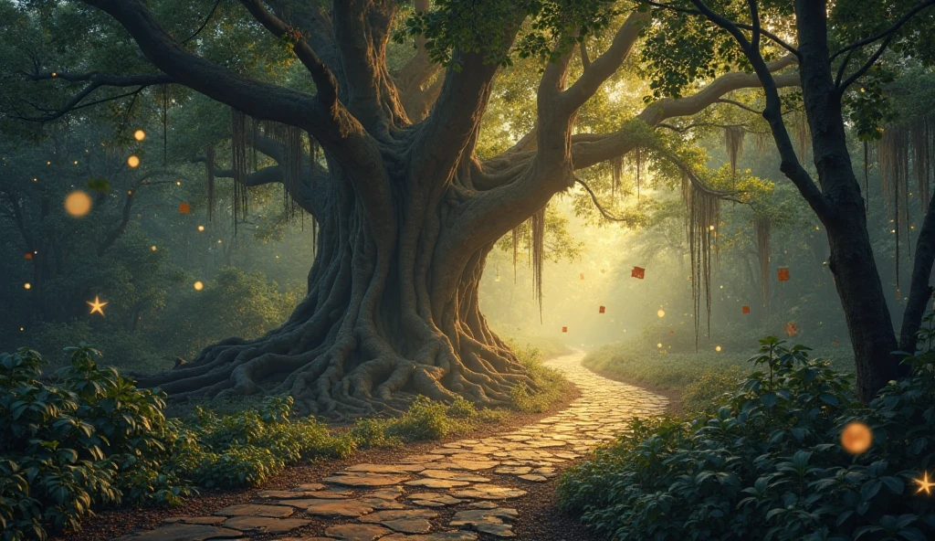 A narrow, winding path through an ancient forest, illuminated by ...