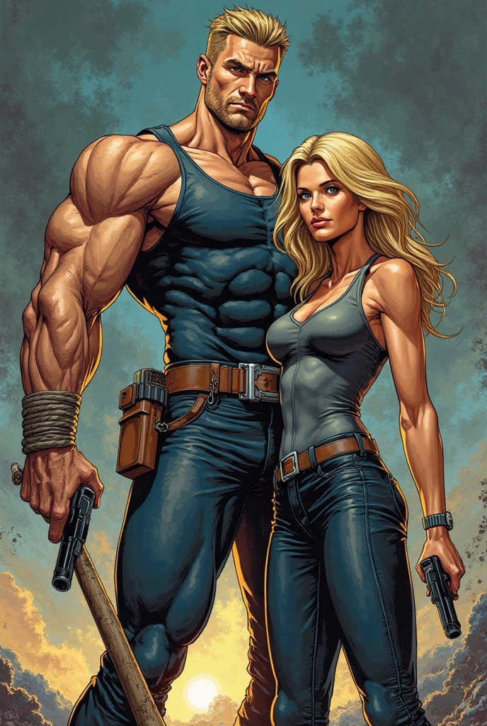 Comic book cover illustration, A very large muscular male hero is ...