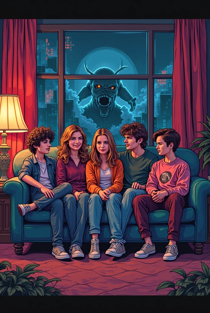A 90s-style cartoon illustration of six friends sitting on the Central ...
