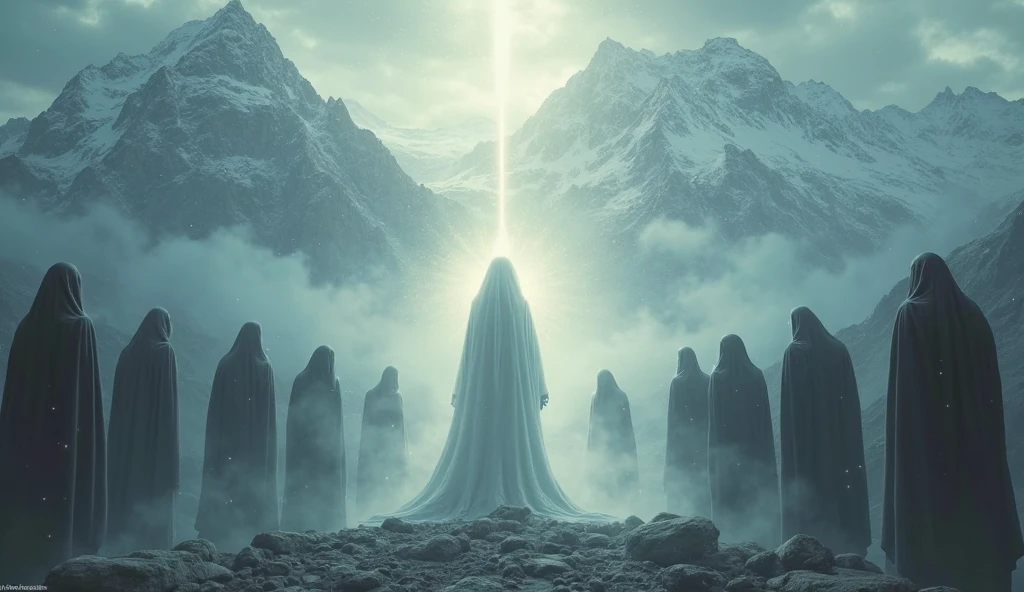 A lone figure surrounded by shadowy figures, soft glowing light ...