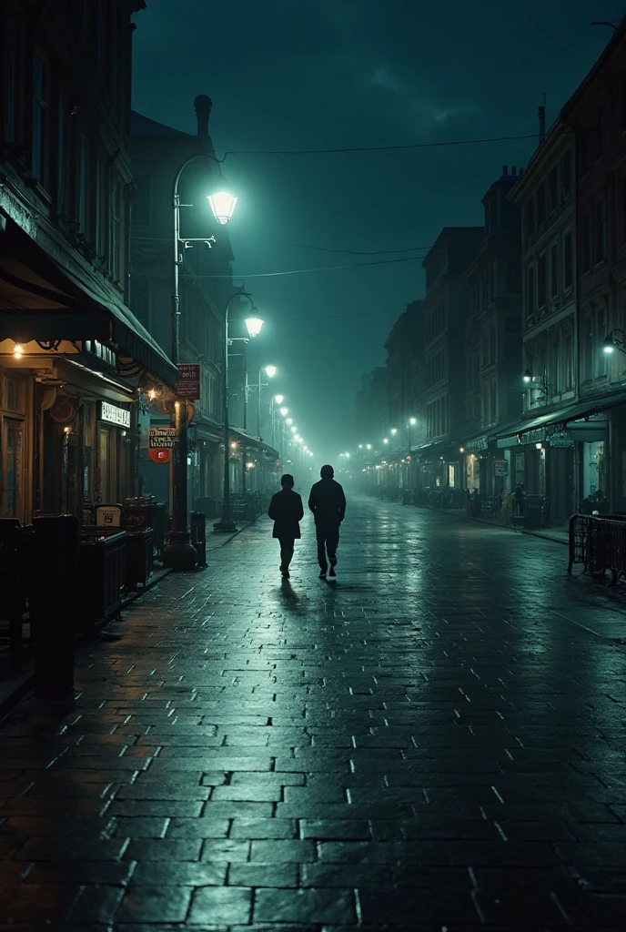 A dimly lit empty pavement at night, people walking across with dull ...