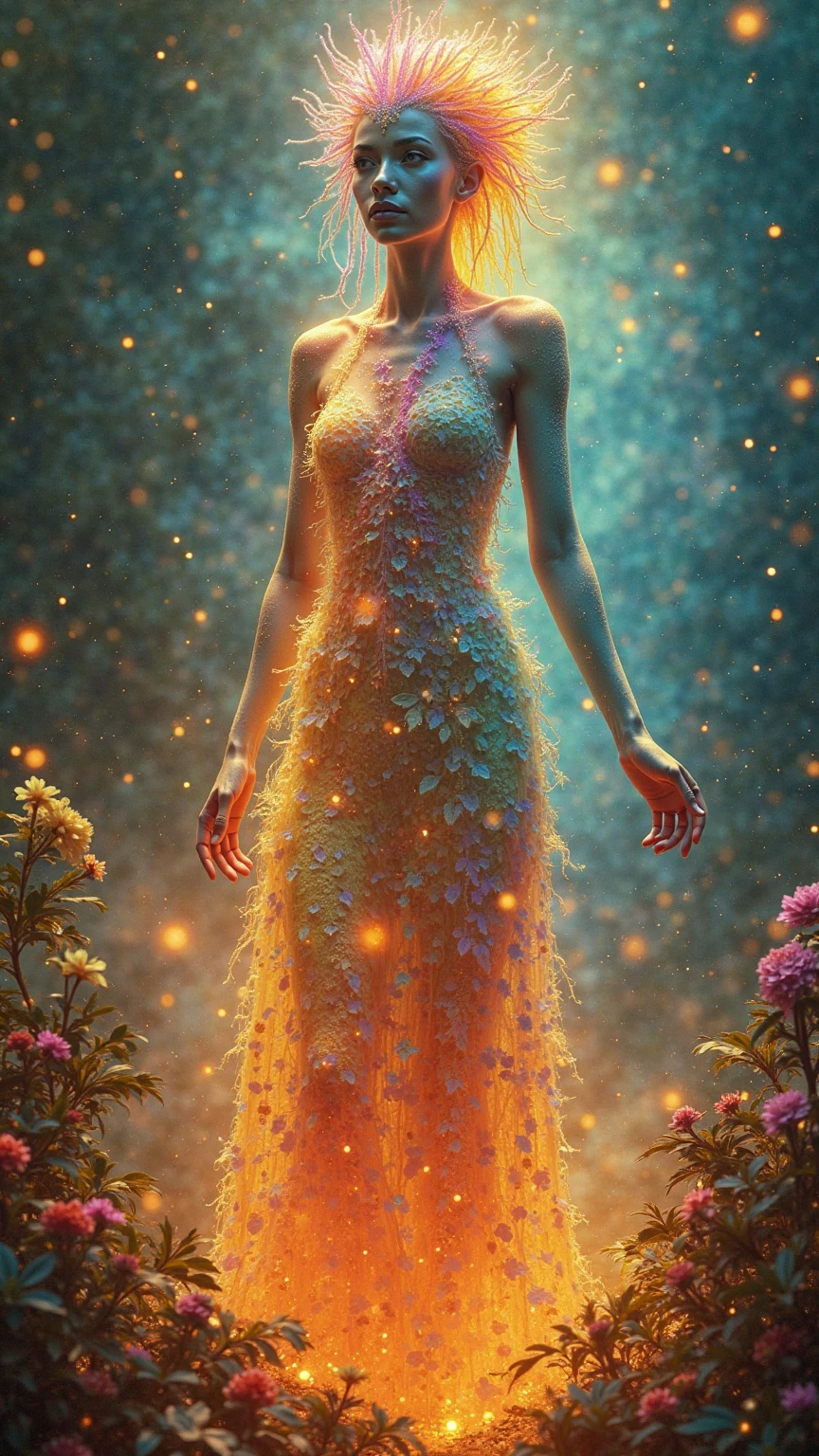 A divine alien woman stands at the heart of a cosmic garden where ...