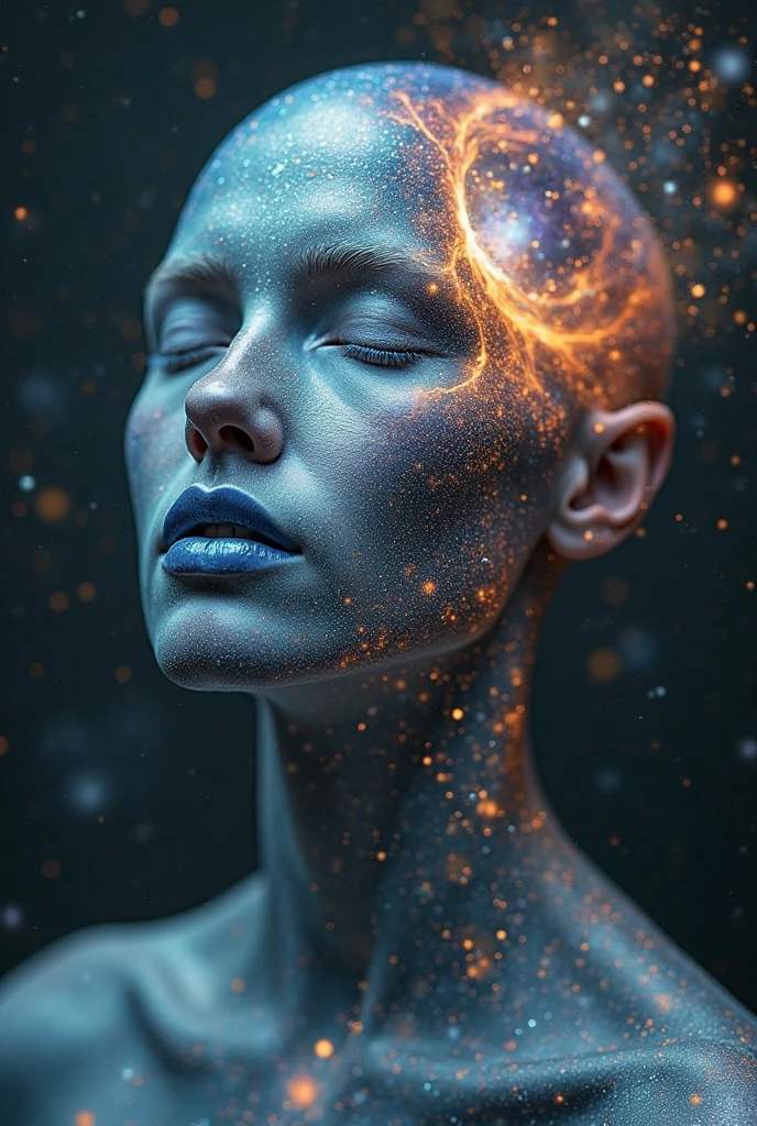 Surreal portrait of a faceless figure, skin blending into a cosmic ...