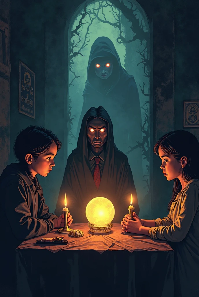 A séance table lit by candlelight in a small, dark room. A mysterious ...