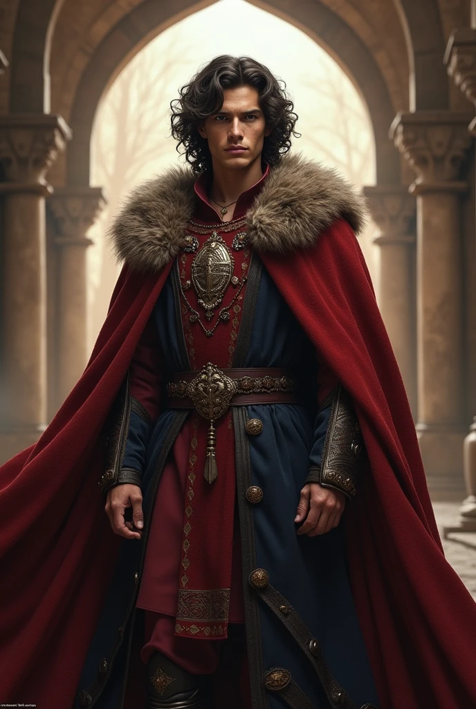 Medieval sir with dark long curly hair with cool lord clothing with a ...