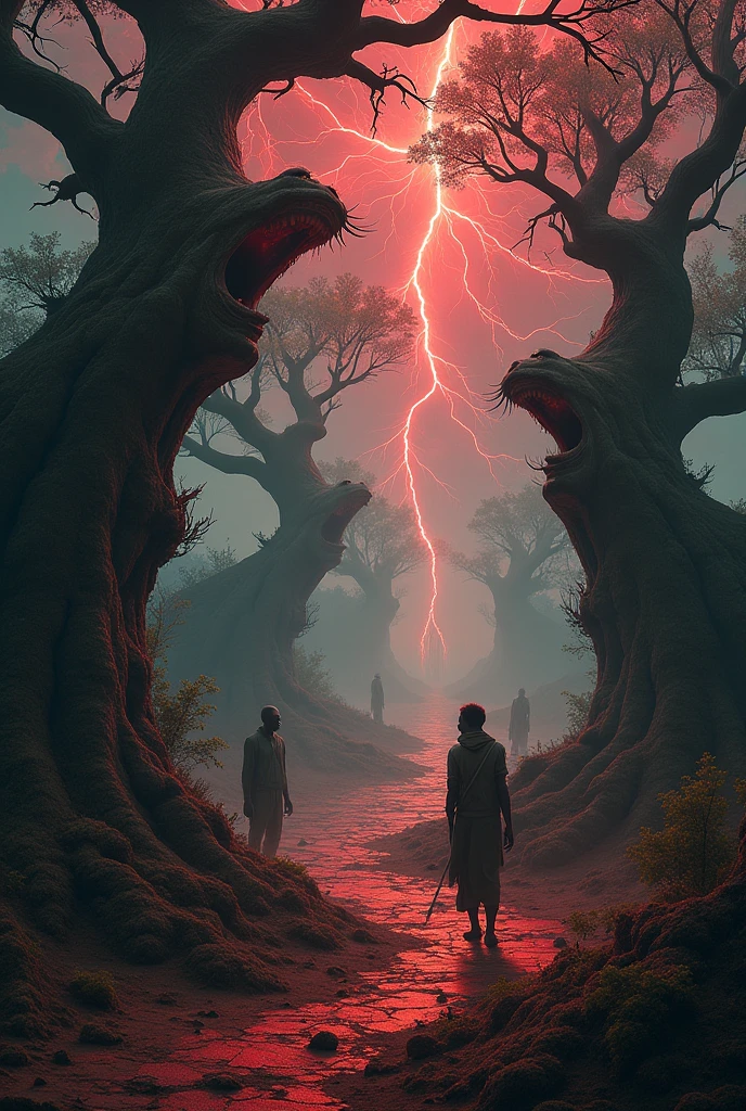 African enchanted forest in chaos, trees with faces screaming - SeaArt AI