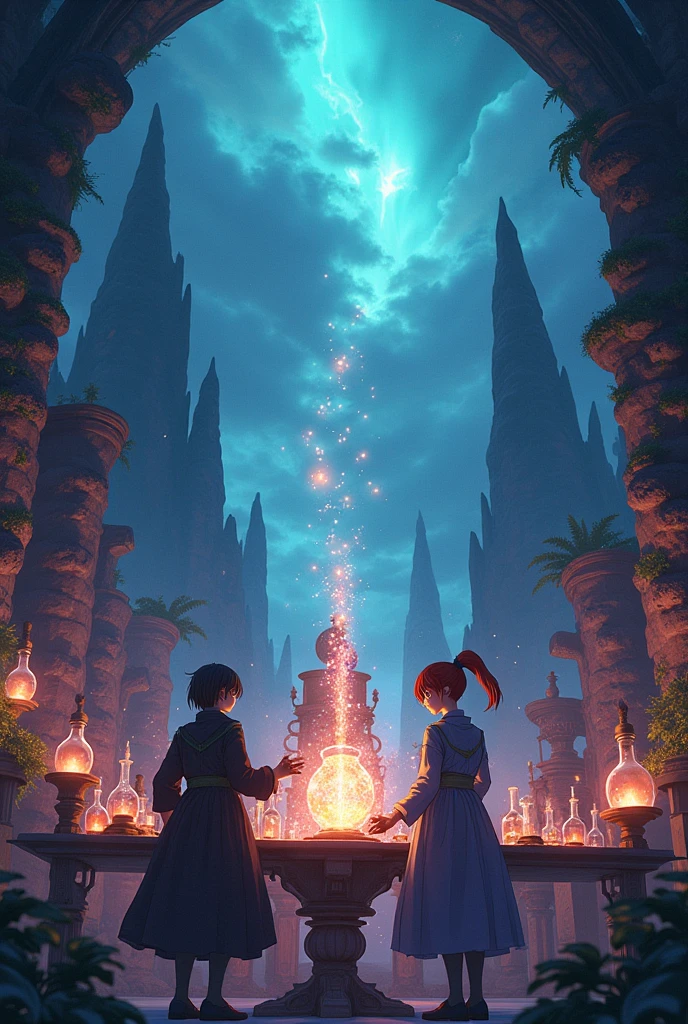 Anime-style, alchemy laboratory, three students, fantasy setting ...