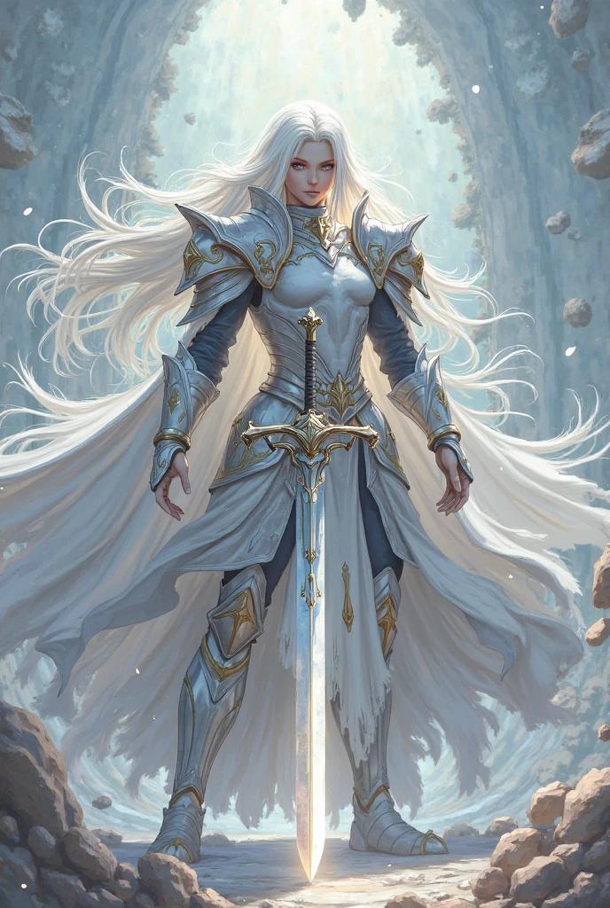 A white-haired anime character with epic white armor and sword - SeaArt AI