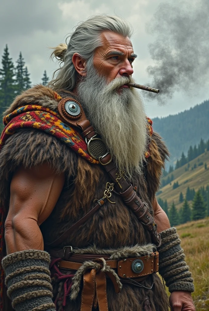 A Viking man with a long white beard smokes a marijuana cigarette and ...