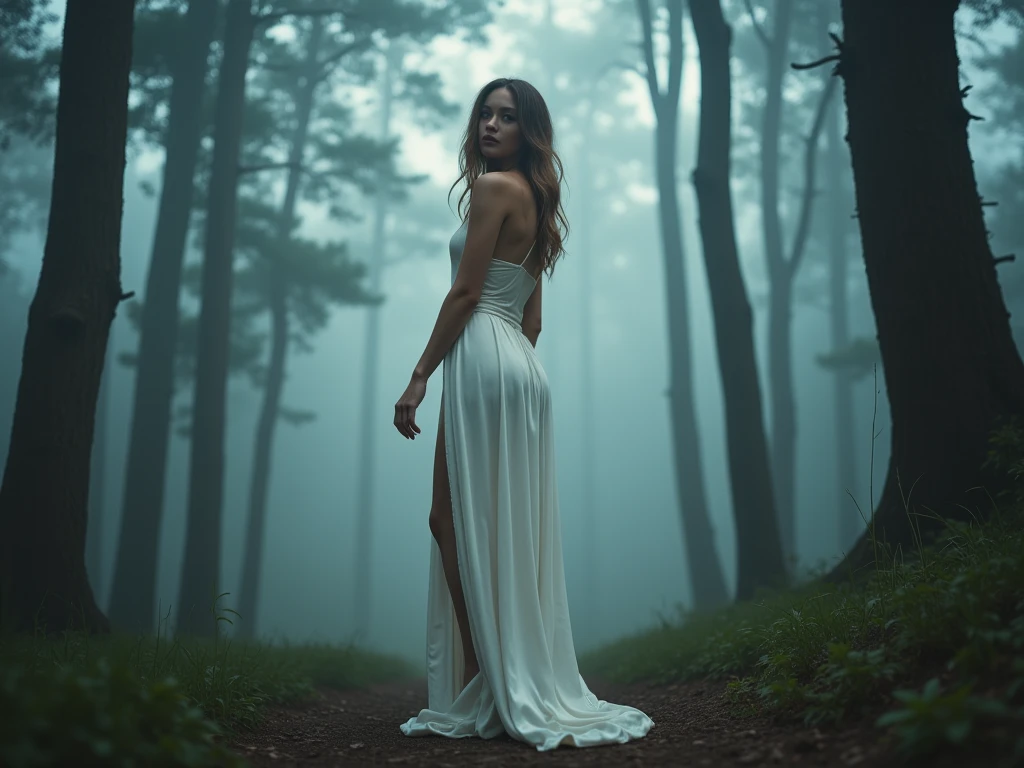 "A slender woman in her late 20s stands on a narrow forest path ...