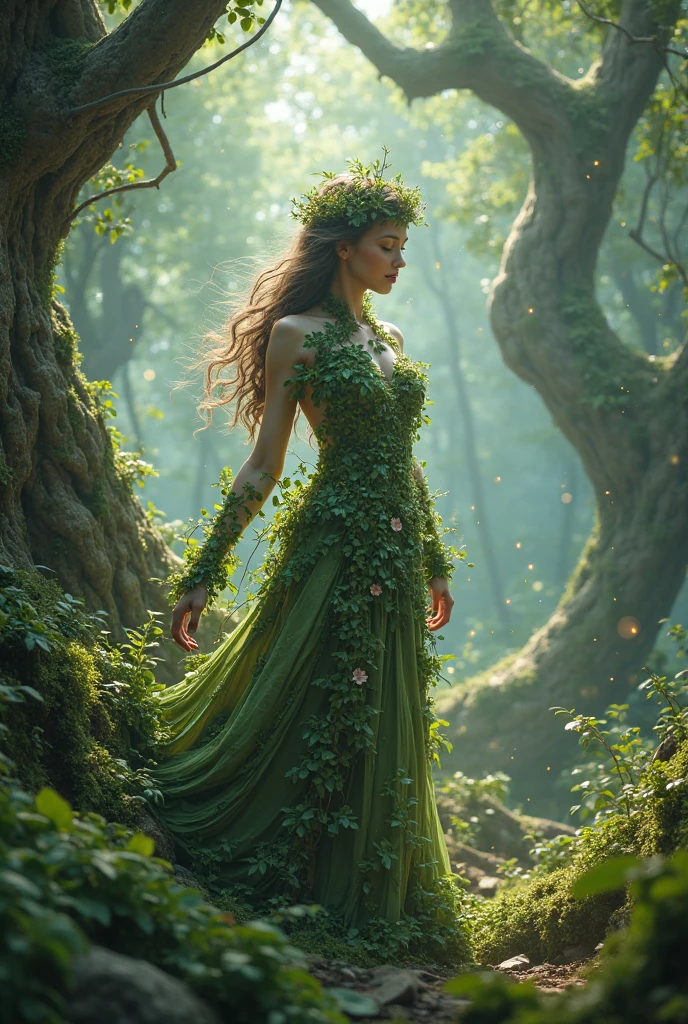 Generate a video where Mother Nature emerges from an enchanted forest ...