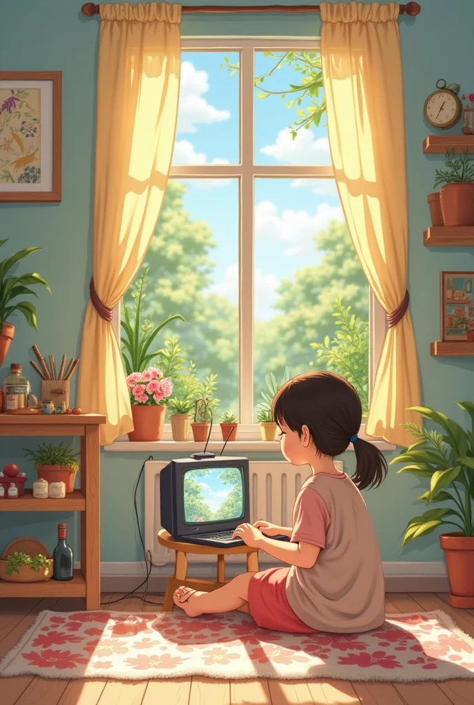 Anime style illustration of a young girl sitting inside her cozy ...