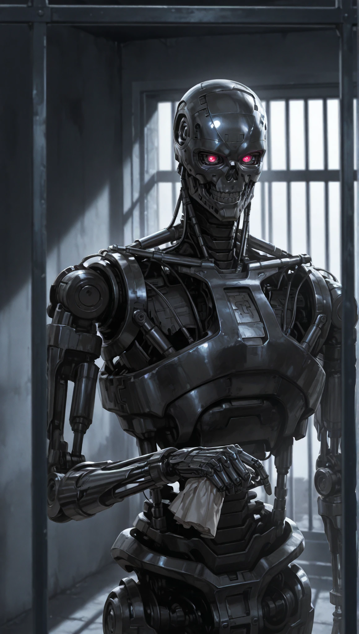 T800 robot,, in a prison, the look is from the bottom up,He offers you ...
