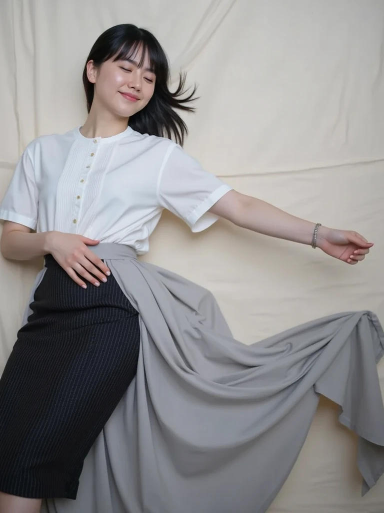 Arafed woman standing in a room with a blue shirt and white skirt ...
