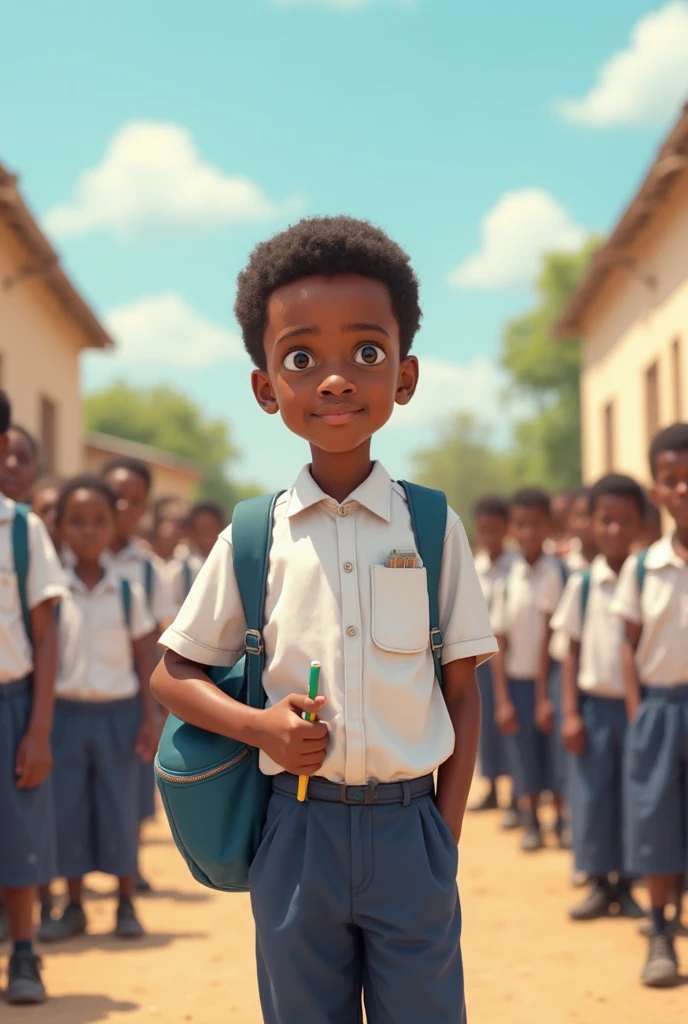 A Somali schoolboy around 10 to 12 years old, standing in a school line ...