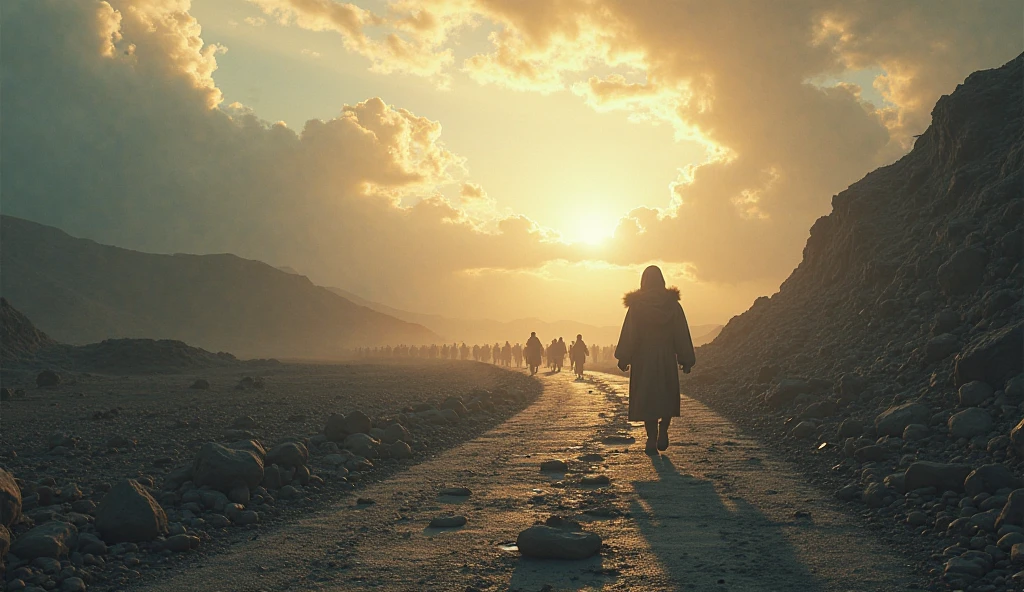 "Person walking alone down a rocky road, as a crowd rushes in the ...